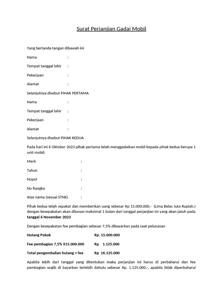 Surat Perjanjian Gadai Mobil Perorangan | PDF