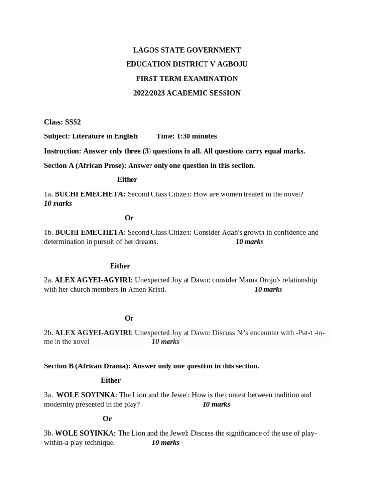 SS 2 Literature Theory Exam | PDF