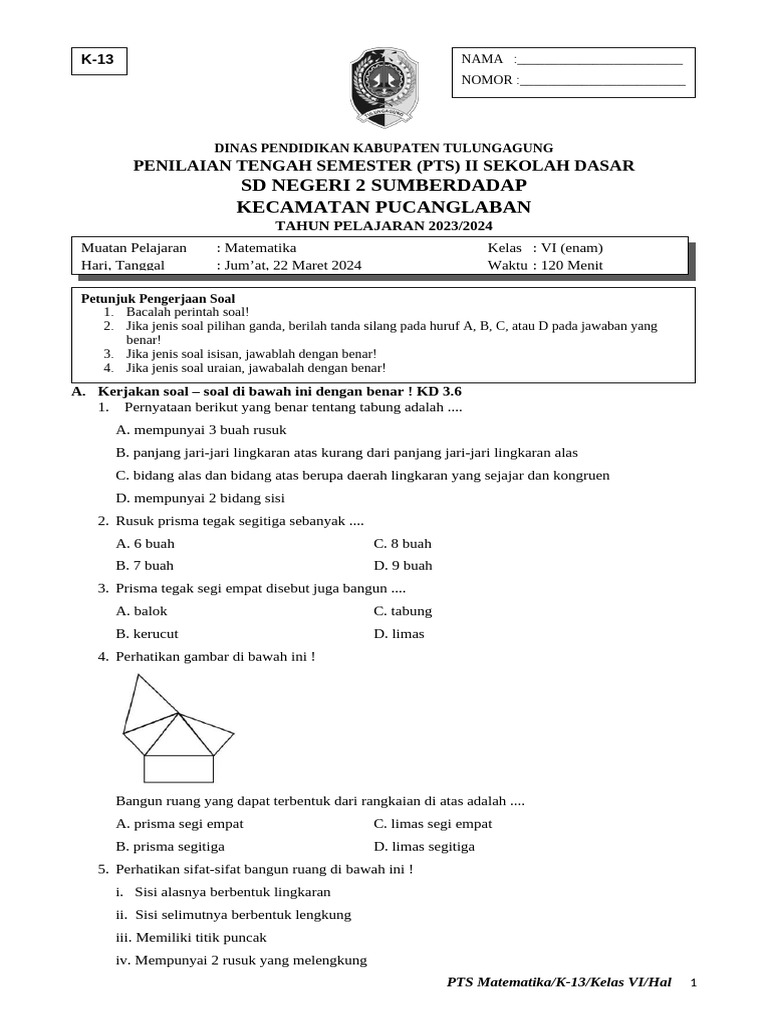 PTS 2 MTK Kelas Iv 2024 | PDF