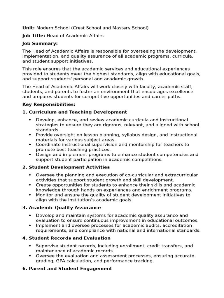 Head of Academic Affairs Overview | PDF | Curriculum | Leadership