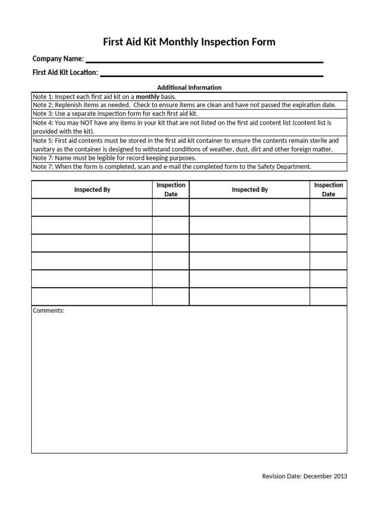First Aid Kit Monthly Inspection Form Rev 12-2024 | PDF