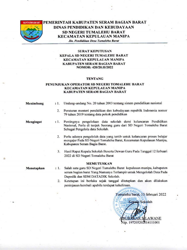 SK Operator Dapodik Sekolah | PDF