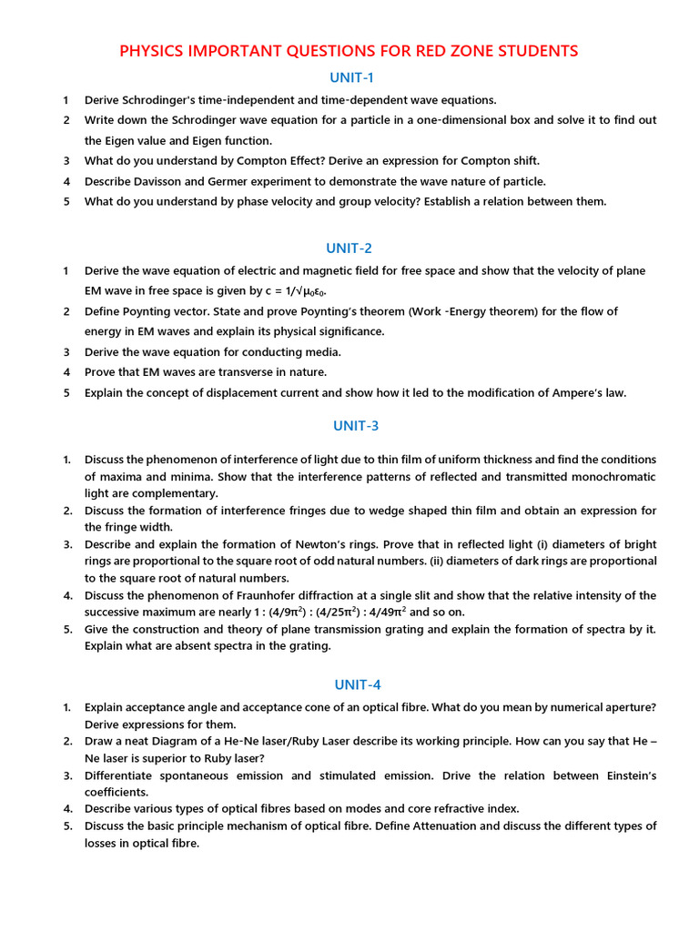 Physics Important Questions | PDF | Waves | Optics