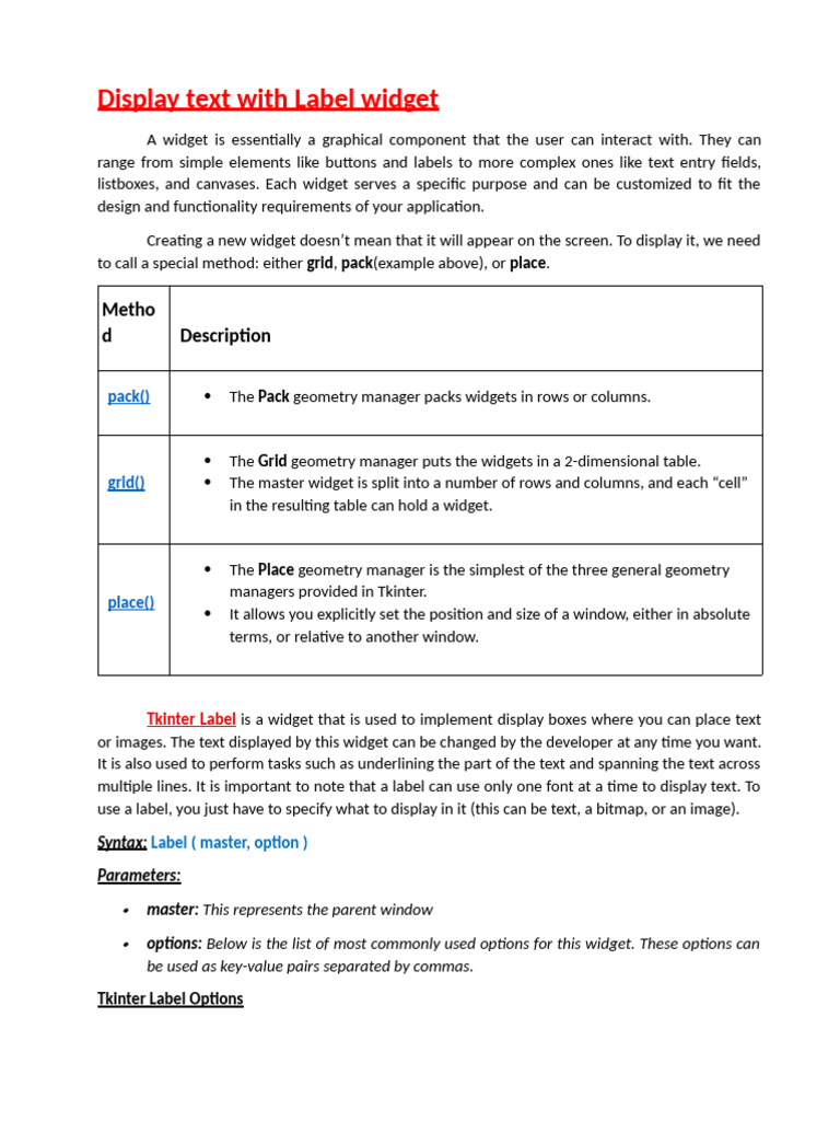 Display Text With Label Widget: Metho D Description | PDF | Window ...