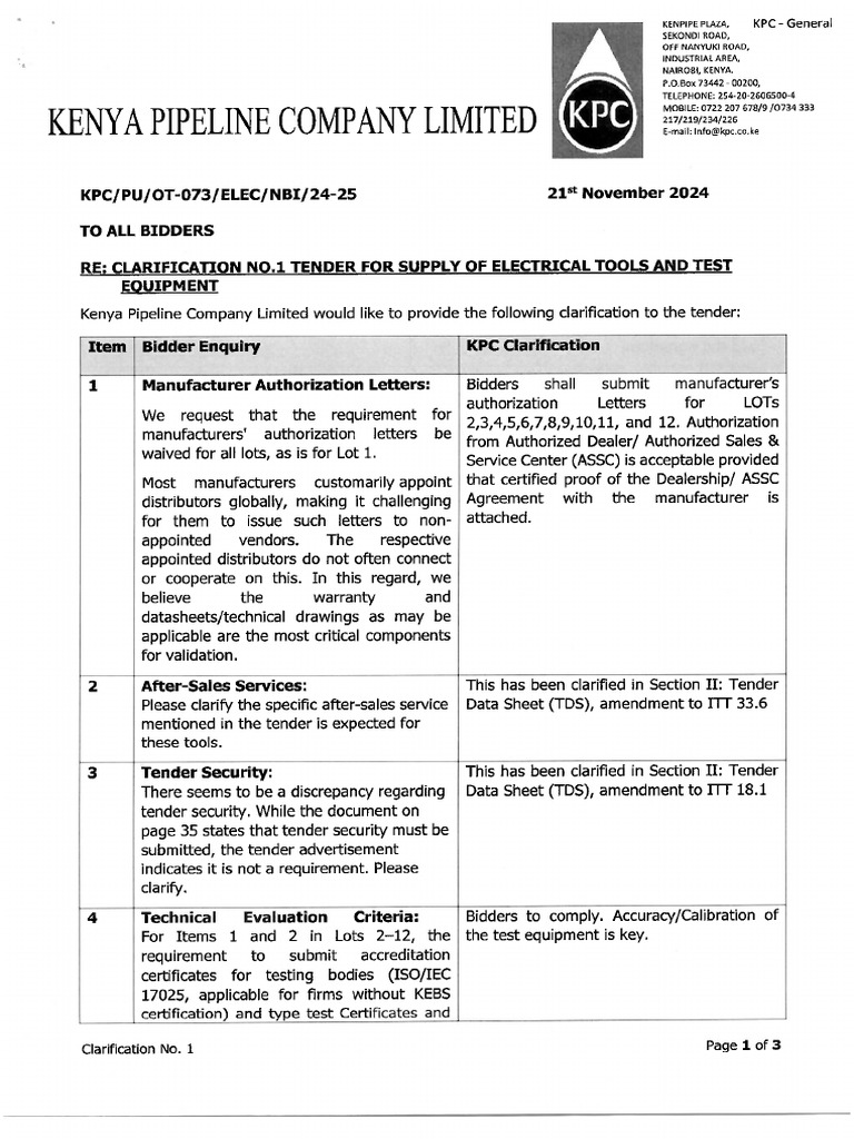 Clarification No 1 Kpc-Pu-Ot-073-Elec-Nbi-24-25 | PDF