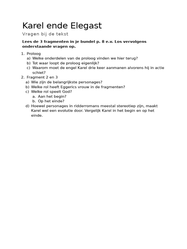 Karel Ende Elegast - Vragen Bij de Tekst | PDF