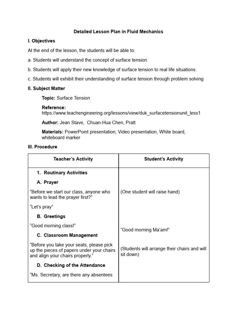 Detailed Lesson Plan in Fluid Mechanics | PDF | Educational Assessment ...