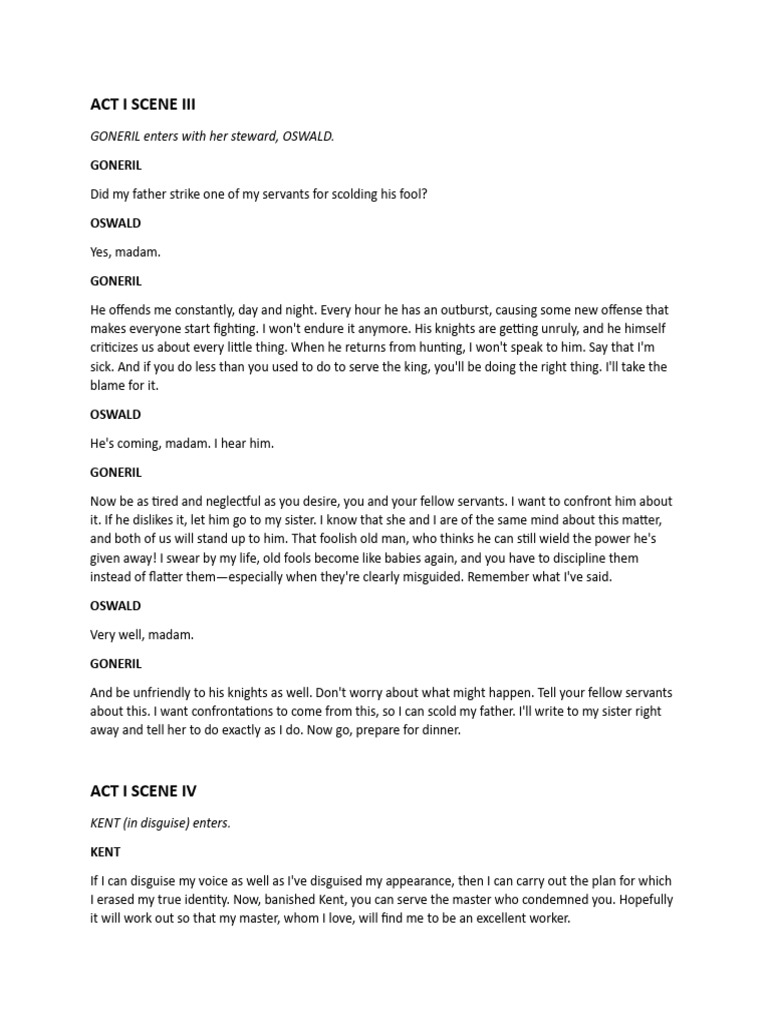 King Lear Dialogue Translations - ACT I Scene III and IV | PDF | King Lear