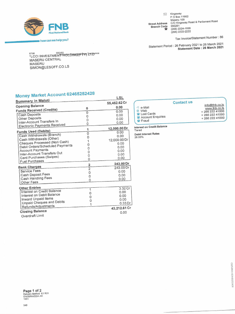 FNB Money Markets Statement (2020-21) | PDF