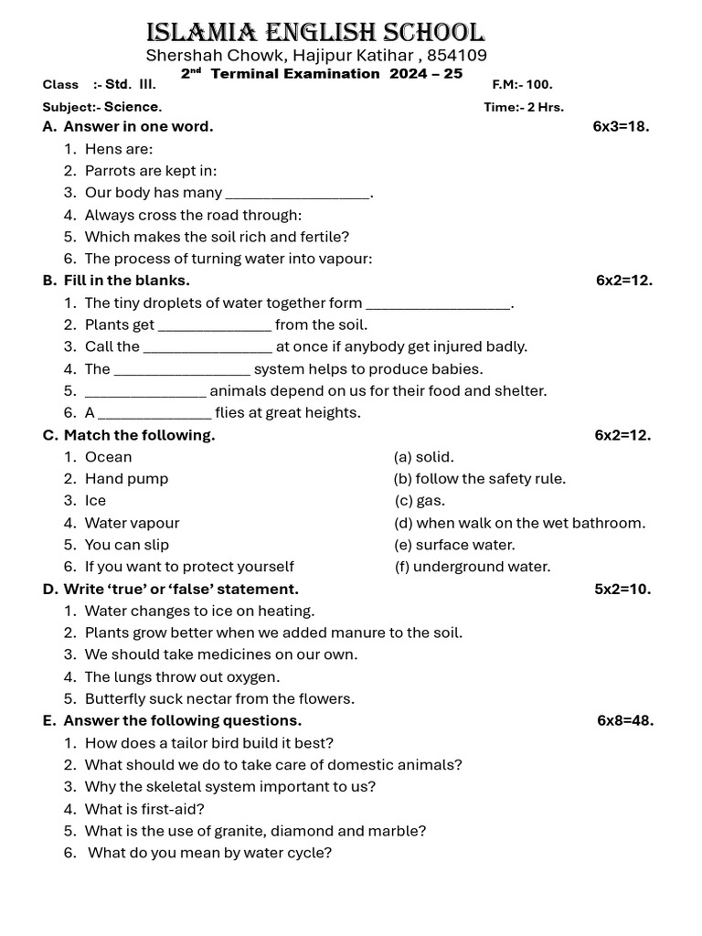 Science Exam Questions for Class 3 | PDF
