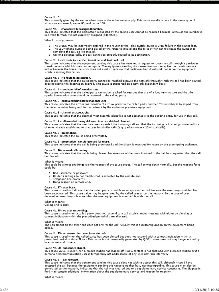ISDN Cause Codes | PDF | Telephone Number | Computing