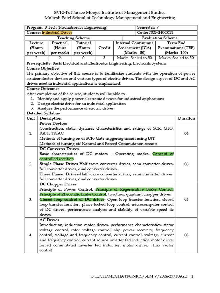 B Tech Mechatronics Semester V Courses | PDF | Electric Motor | Control ...