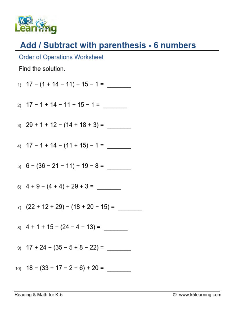 Grade 4 Add Subtract Parenthesis Six Numbers A | PDF