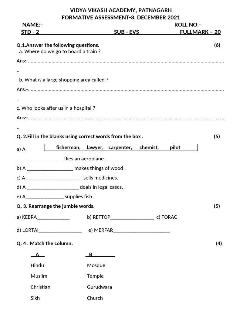 Vidya Vikash Academy, Patnagarh Formative Assessment-3, December 2021 NAME:-Roll No. - STD - 2 ...