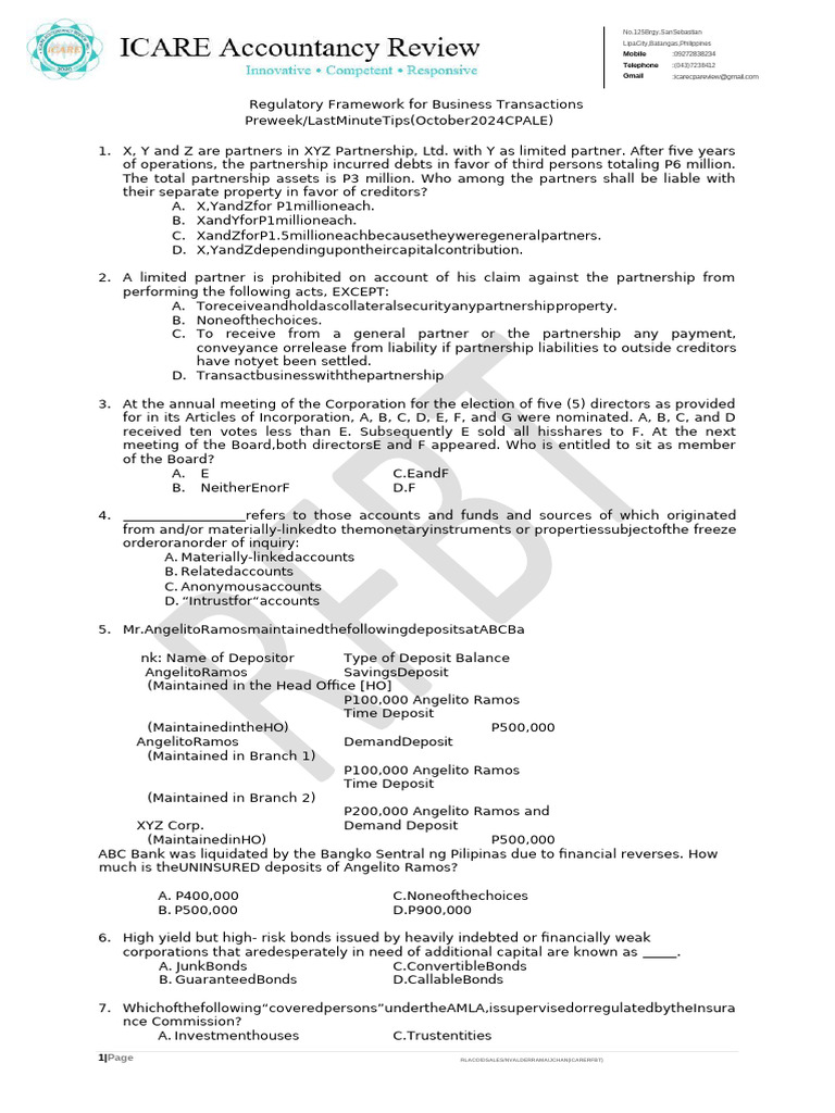 WITH ANSWERS RFBT 09 Preweek October 2024 CPALE Updated With Answer Key | PDF | Partnership ...