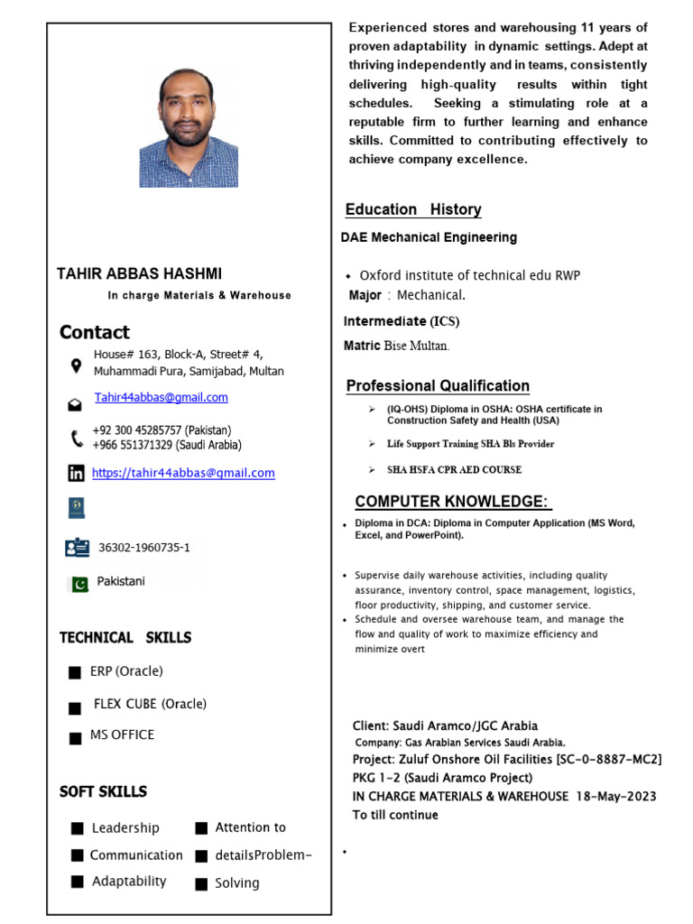 Tahir Abbas QC Percu PDF CV EU | PDF | Warehouse