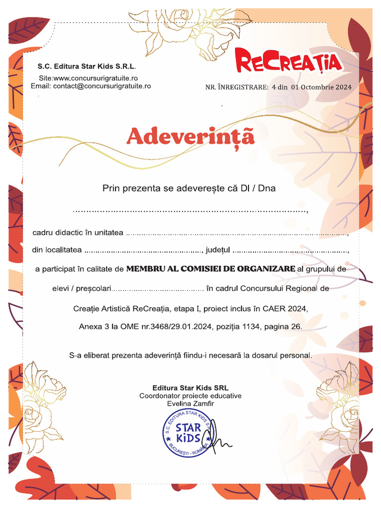 Adeverinta ReCreatia Gratuit Octombrie 2024 | PDF