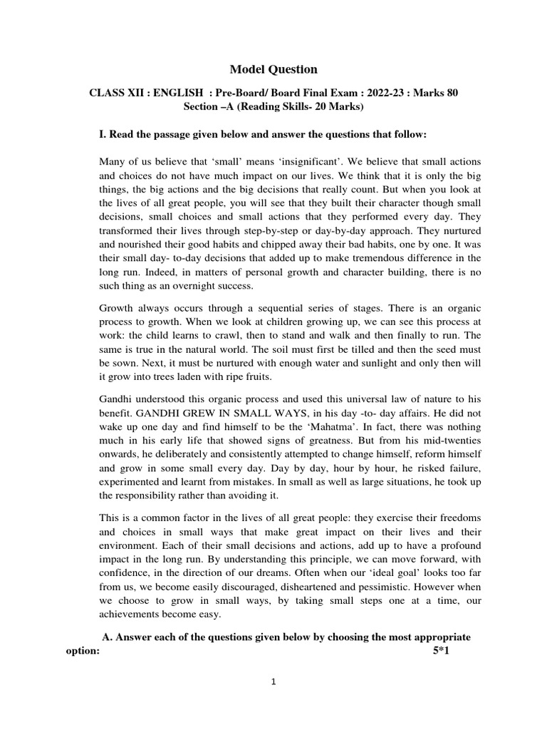 English Model Question Class Xii | PDF | Grit (Personality Trait)
