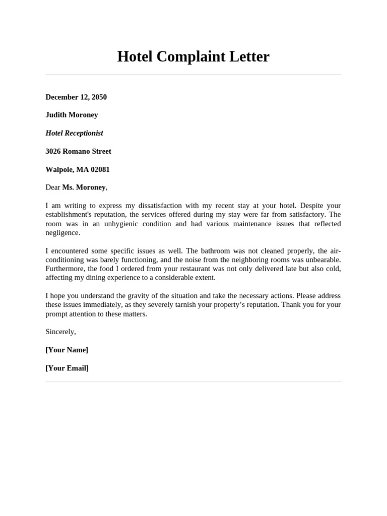 Hotel Complaint Letter | PDF