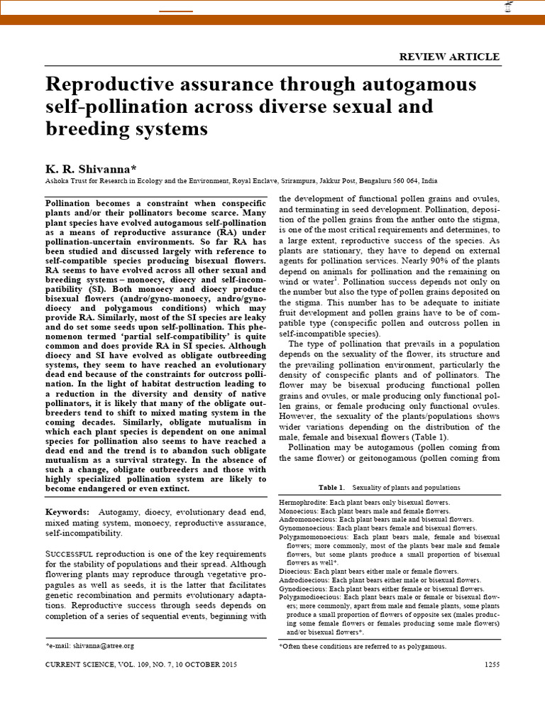 Reproductive Assurance Through Autogamous Self-Pollination Across ...