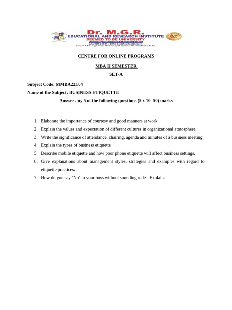 MBA Business Etiquette Exam Questions | PDF