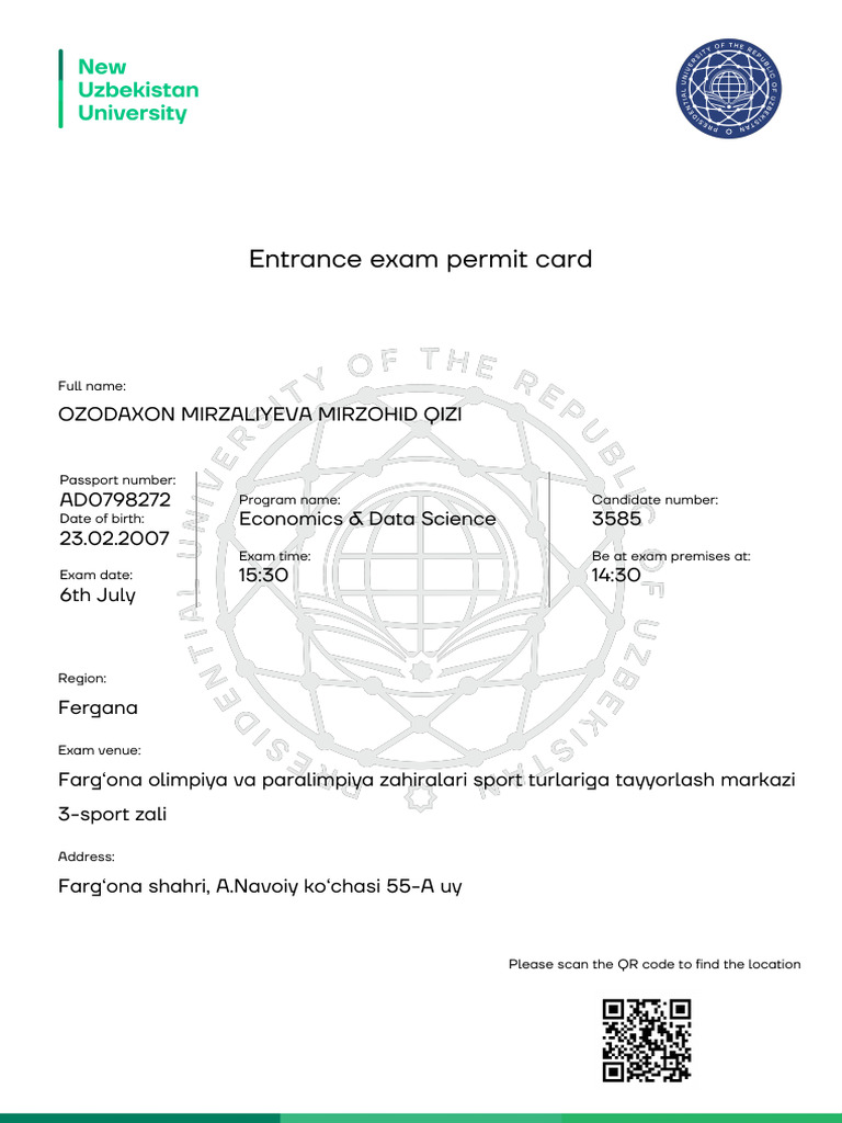 Entrance Exam Permit Card: Ozodaxon Mirzaliyeva Mirzohid Qizi | PDF