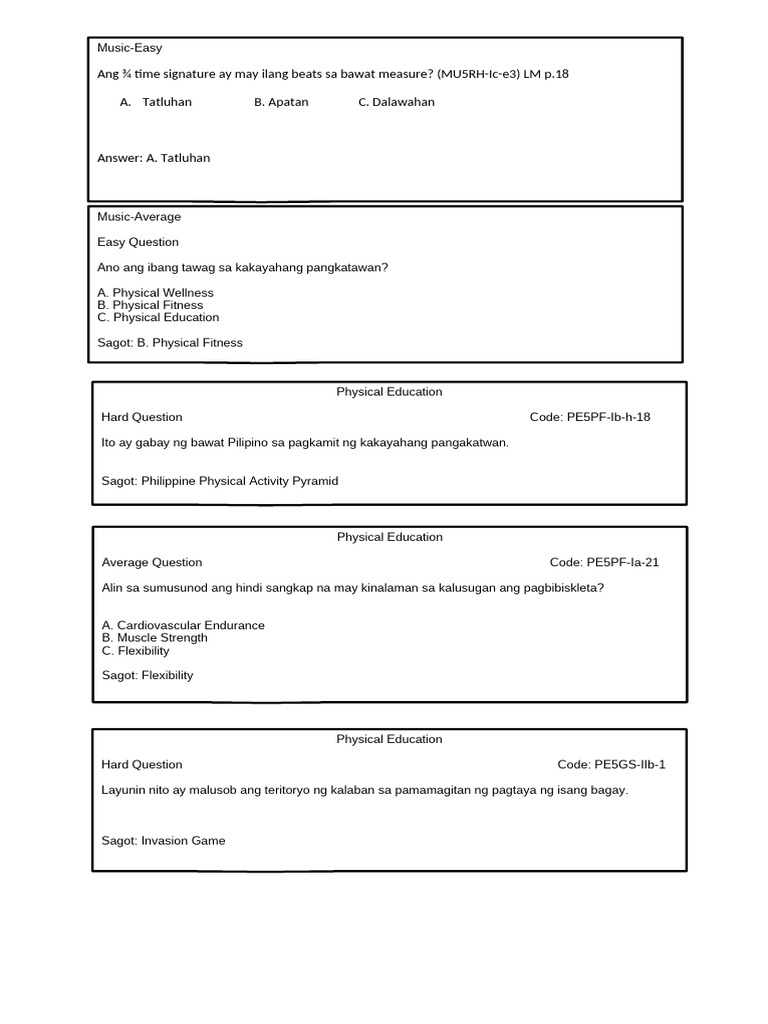 Quiz Bee Question in PE and HEALTH | PDF