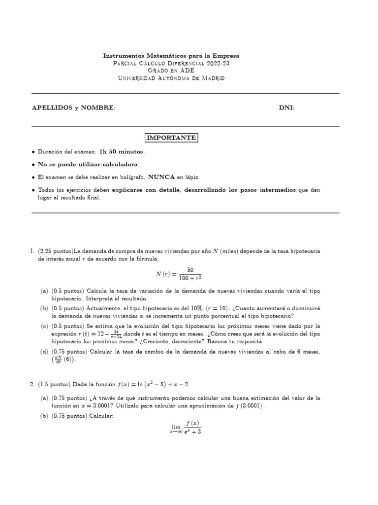 Examen Cálculo Diferencial ADE 2022-23 | PDF