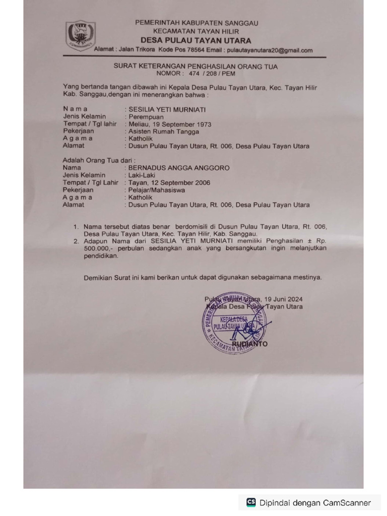 Keterangan Penghasilan Orang Tua - Bernadus Angga Anggoro | PDF