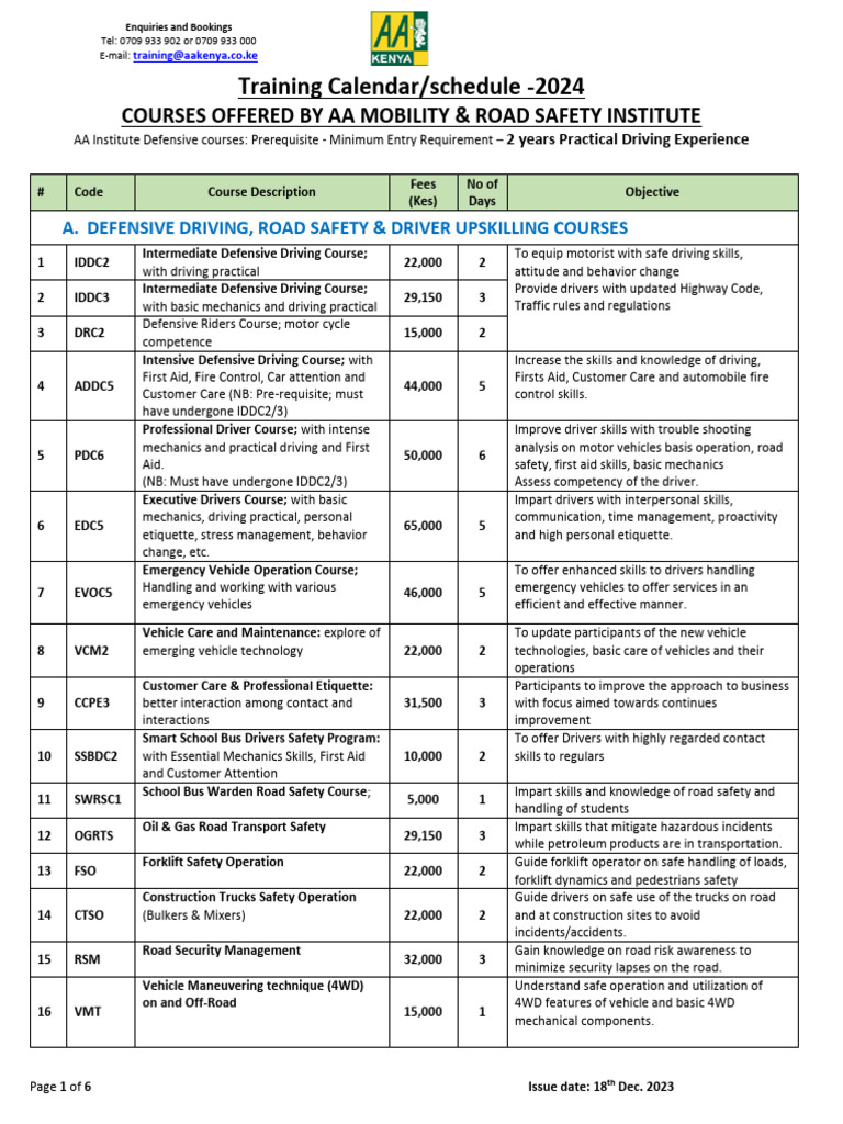 AA Driving School Training Calendar 2024 | PDF | Driving | Road Traffic ...