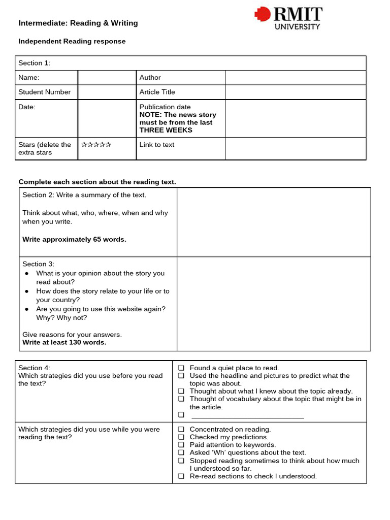 Independent Reading Response Form1234 YOUR FULL NAME (I-R&W) | PDF ...