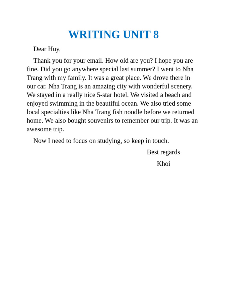 Writing Unit 8 - Khoi | PDF