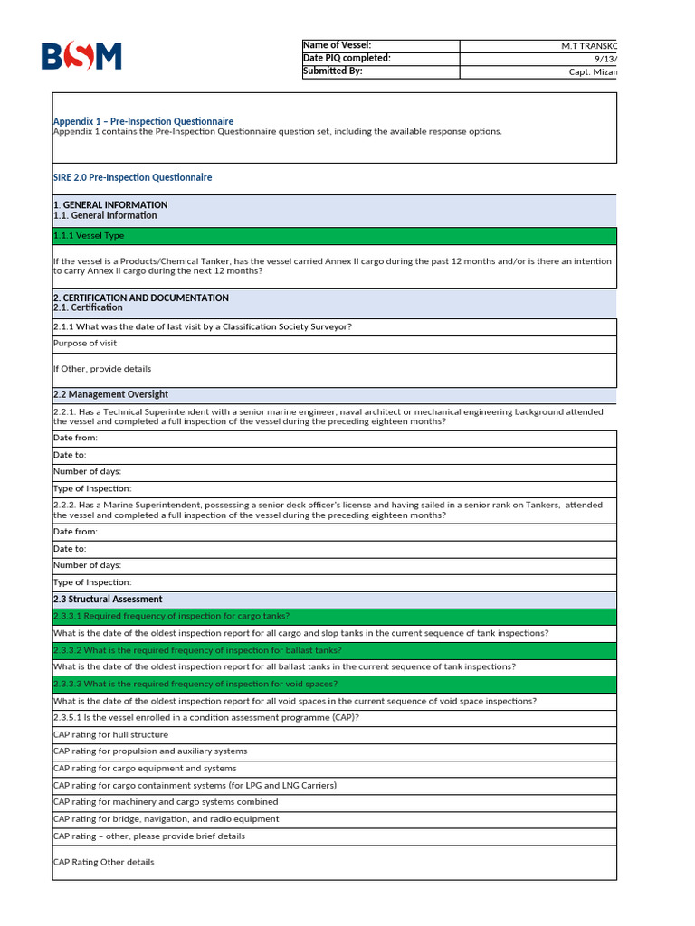 Pre-Inspection Questionnaire - Version 1.0 | PDF | Oil Tanker | Engines