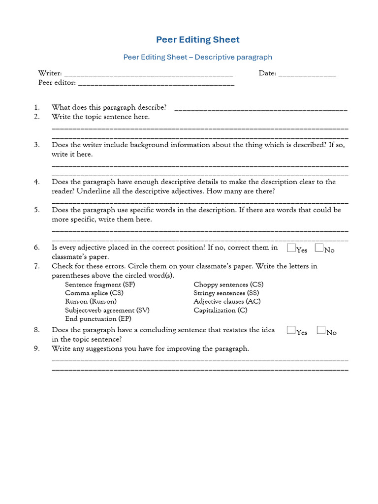 Peer Editing Sheet - Descriptive Paragraph | PDF