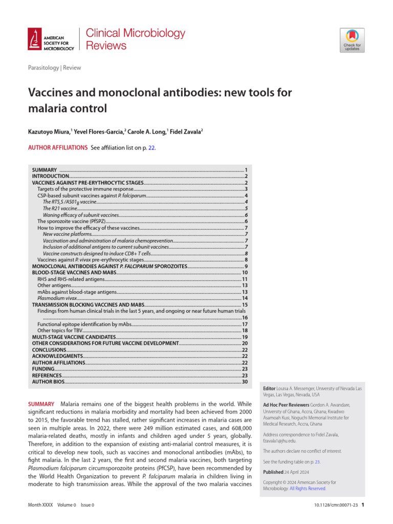 Miura Et Al 2024 Vaccines and Monoclonal Antibodies New Tools For Malaria Control | PDF ...
