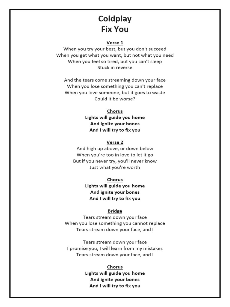 Coldplay's "Fix You" Lyrics Analysis | PDF