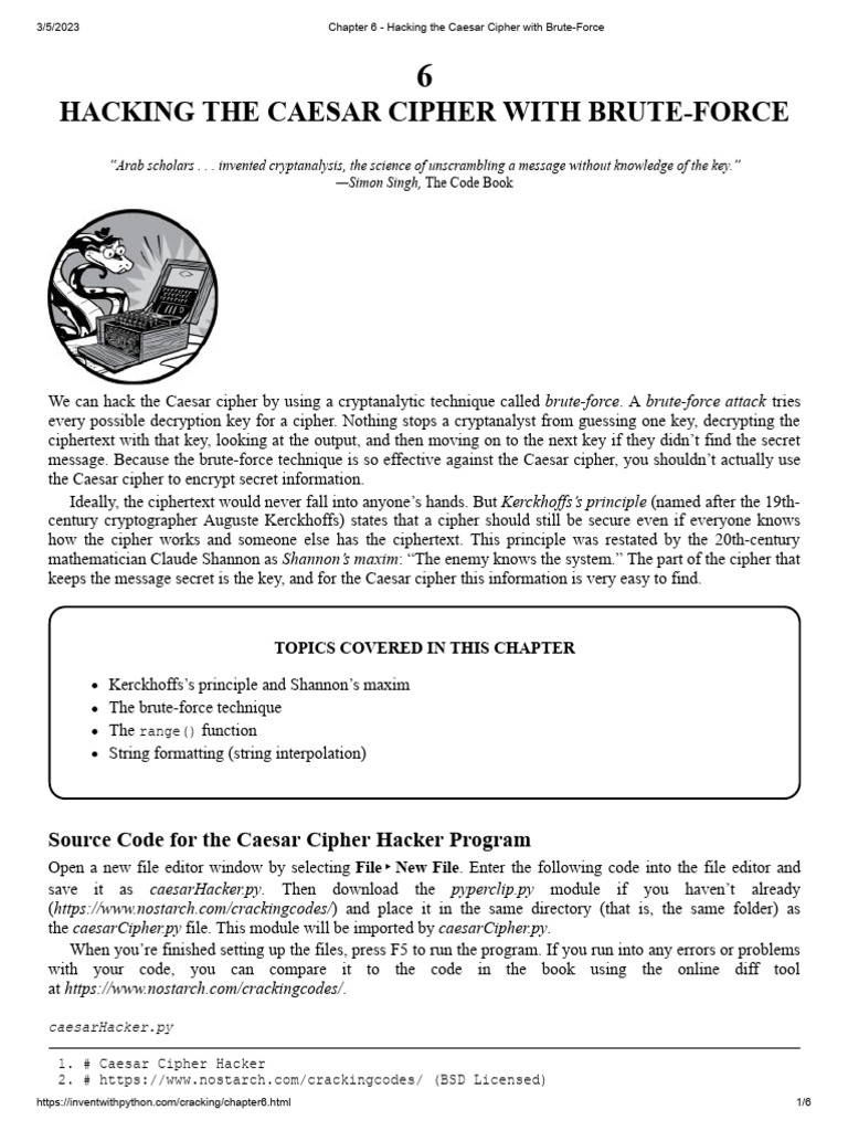 Chapter 6 - Hacking The Caesar Cipher With Brute-Force | PDF | Cryptanalysis | Cipher