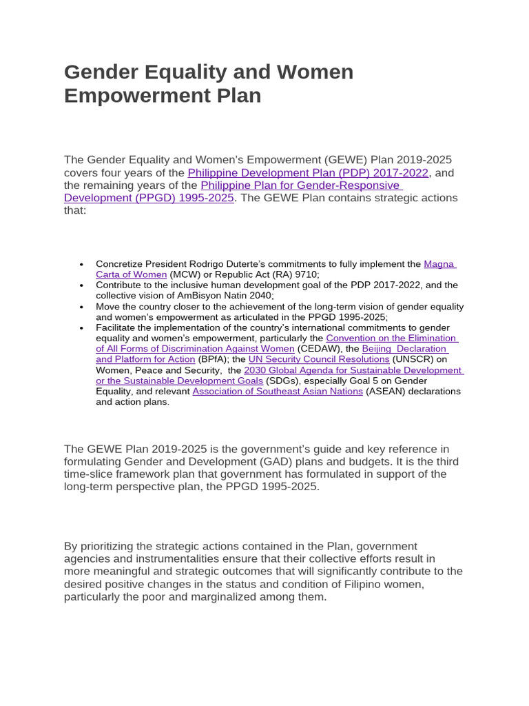 Gender Equality and Women Empowerment Plan | PDF | Empowerment | Justice