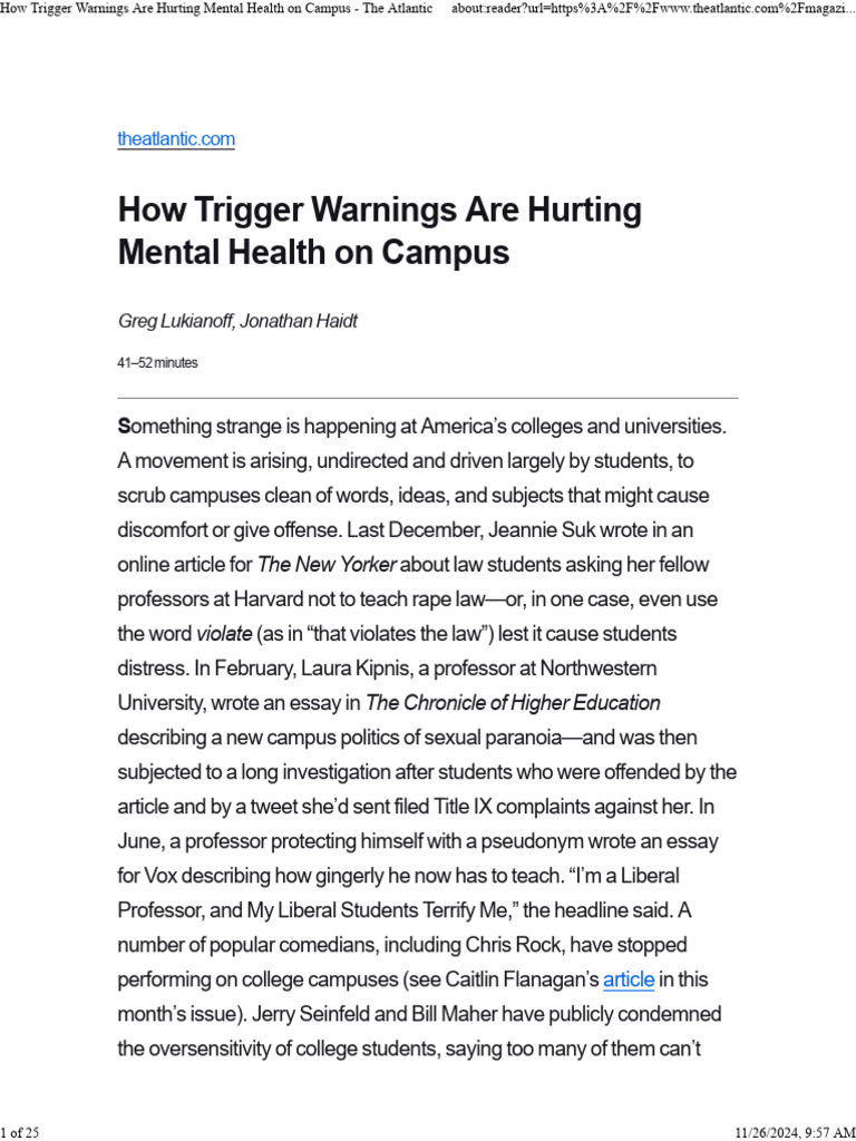 How Trigger Warnings Are Hurting Mental Health On Campus - The Atlantic ...
