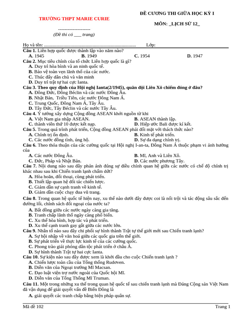 De Cuong Su 12 Giua Ki 1 KNTT Chinh Thuc | PDF