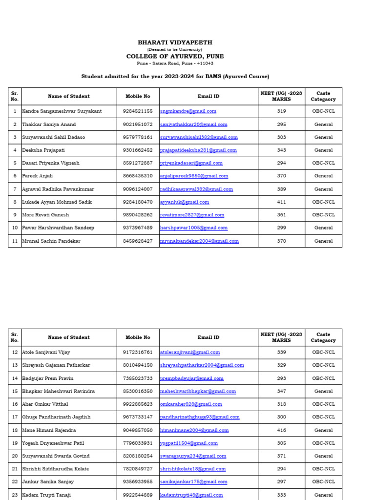 BAMS 2023-24 Student Admissions | PDF
