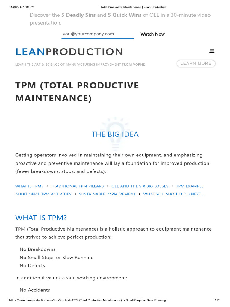 Total Productive Maintenance - Lean Production | PDF