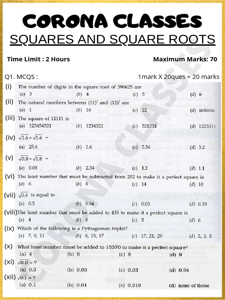 Squares and Square Roots Test - 1 | PDF