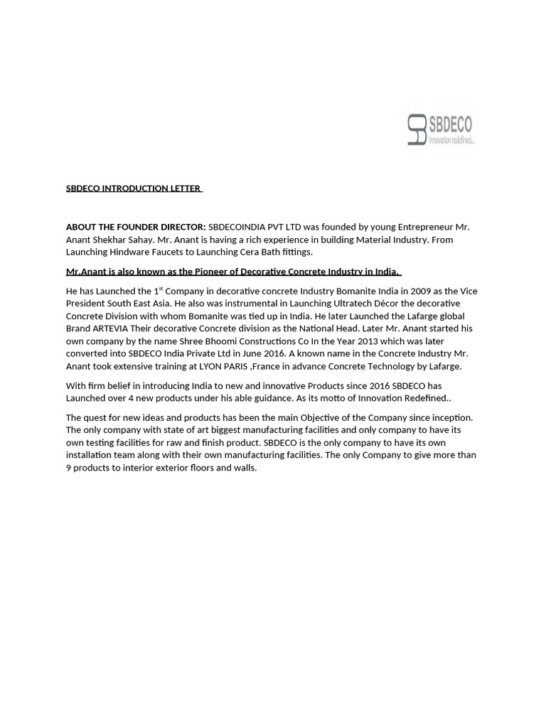 Sbdeco Introduction Letter-1 | PDF