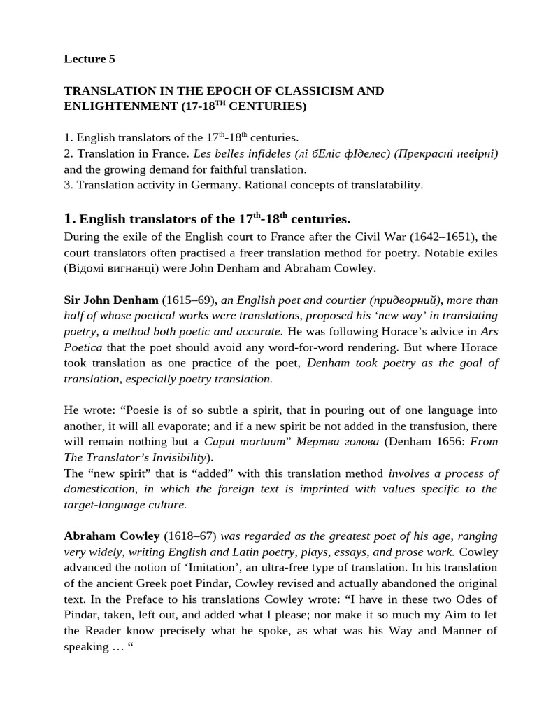 Lecture 5 Translation in The Epoch of Classicism and Enlightenment | PDF | Translations | Samuel ...