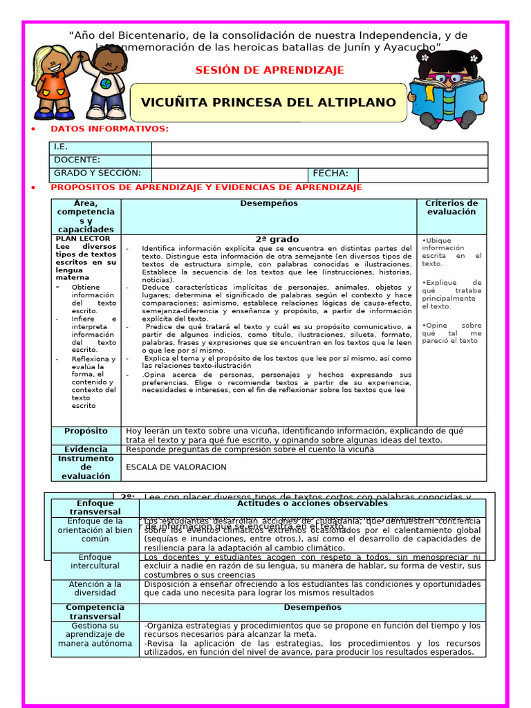 2º U4 S2 Sesion D4 Plan Lector Vicuñita Del Altiplano | PDF | Aprendizaje | Evaluación