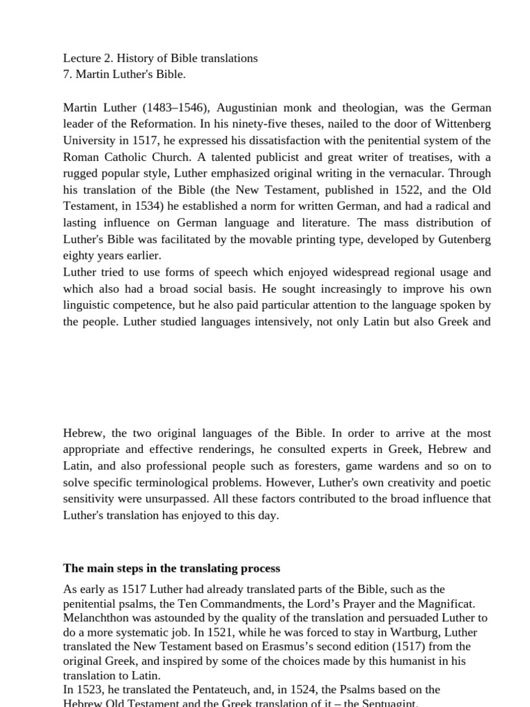 Lecture 2 Translations of The Bible | PDF | Bible | Martin Luther