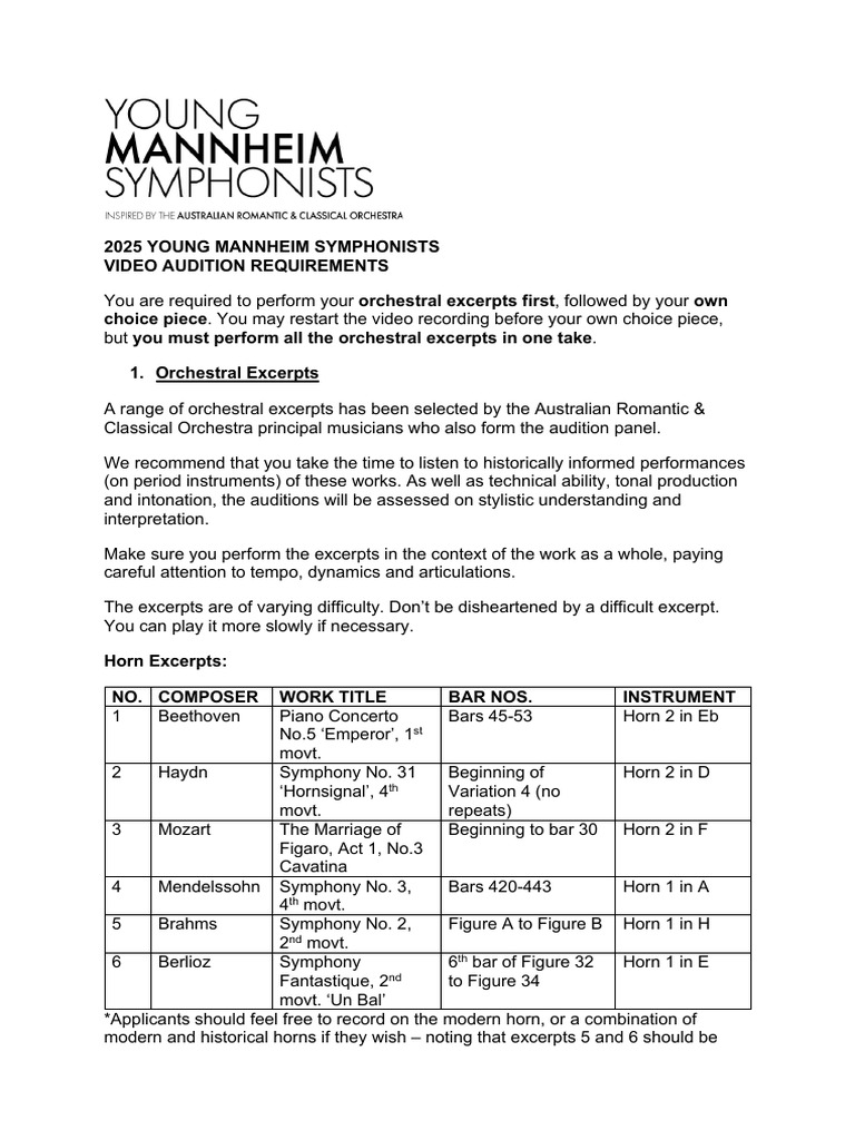 2025 YMS Horn Information and Audition Excerpts | PDF | Orchestras | Symphony