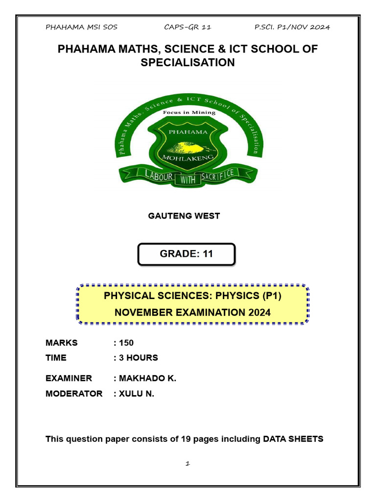 Grade 11 Physics Paper 1 November 2024 | PDF | Force | Friction