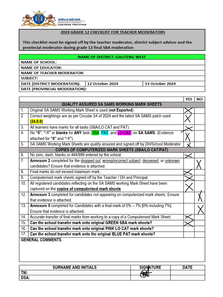 Wedela Ths Grade 12 Checklist For Teacher Moderators-Gw | PDF